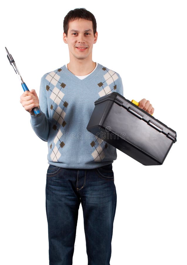 Young man with tools stock image. Image of repairing, blue - 4594287