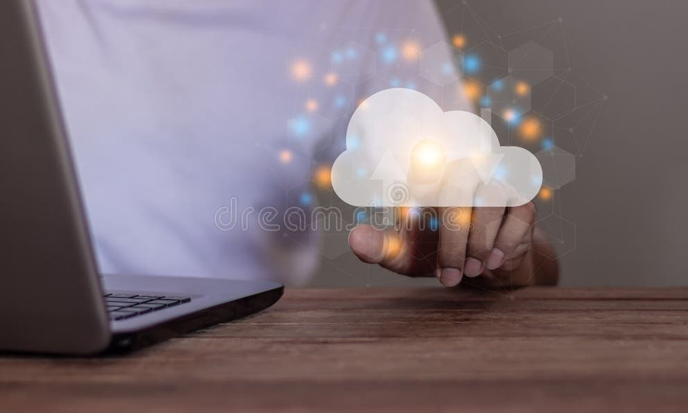 Young Man Touch Cloud Computing Diagram and Laptop Computer Notebook in ...