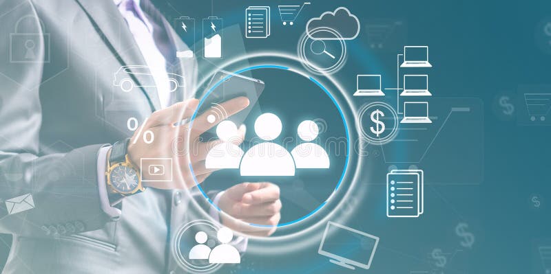 Young Man Touching Future Technology Social Network Button Stock ...