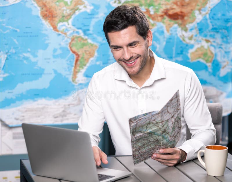 Young Man Tour Agency Concept Stock Image - Image of sitting, cheerful ...