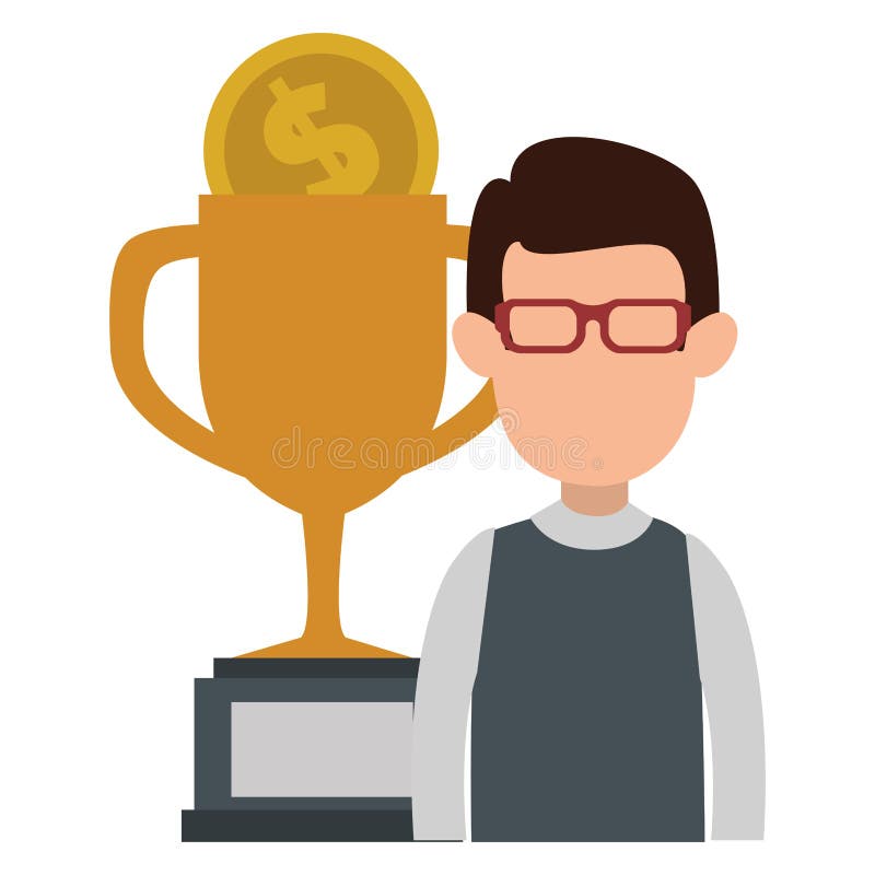 Young Man with Trophy Cup and Coin Stock Illustration - Illustration of ...