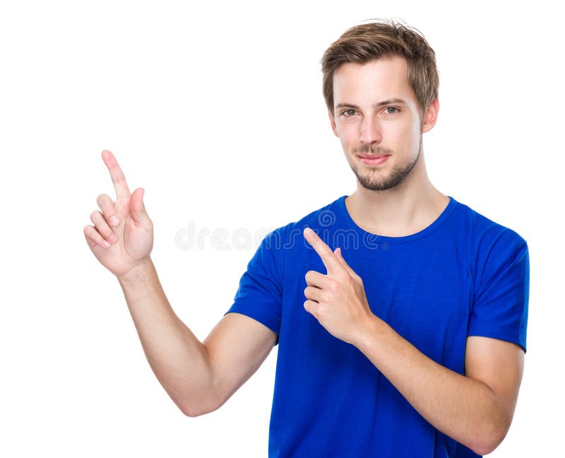 Young Man with Two Finger Point Up Stock Image - Image of sell ...