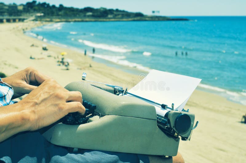 Young Man Typewriting on the Beach Stock Image - Image of hipster ...