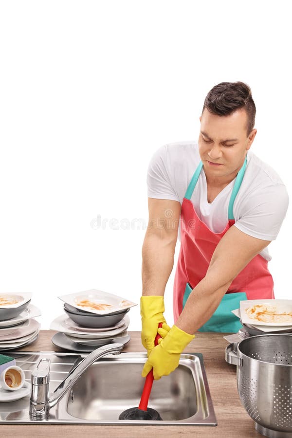 Young Man Unclogging a Sink with a Plunger Stock Photo - Image of ...
