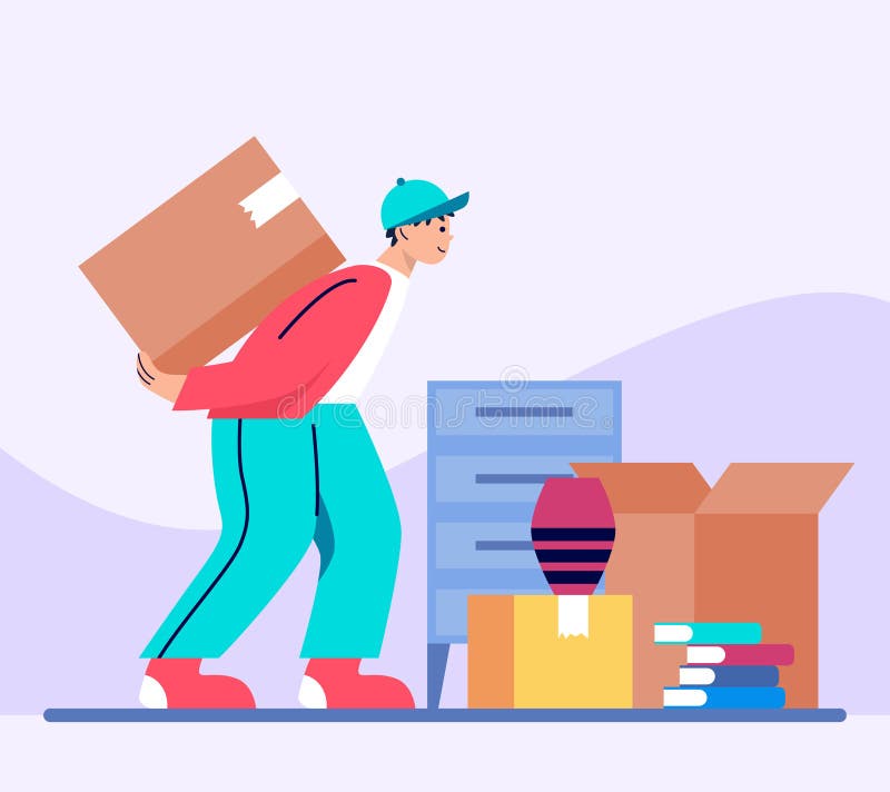 Young Man in Uniform Carry Big Parcel. Worker Helping Client To Moving ...