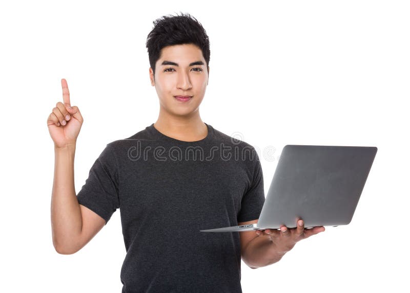 Asian Young Man Laptop Computer Finger Point Up Stock Photos - Free ...