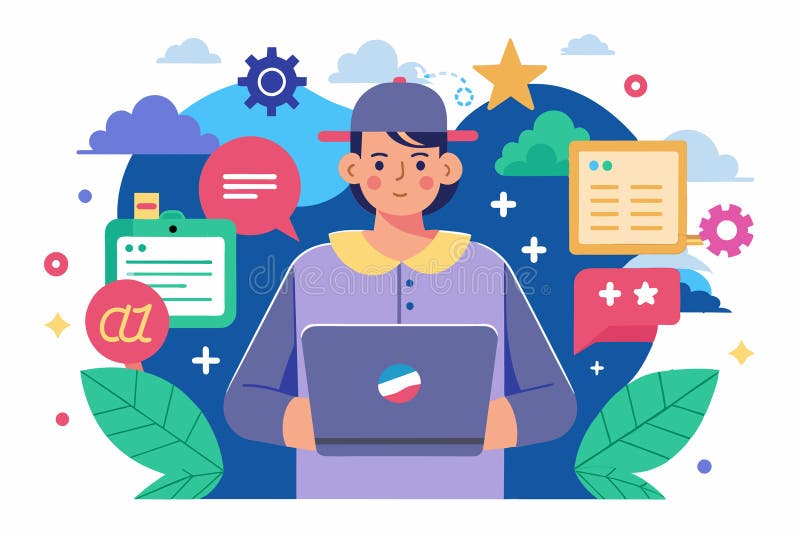 A Young Man Uses a Laptop with a Customizable Translator Interface ...