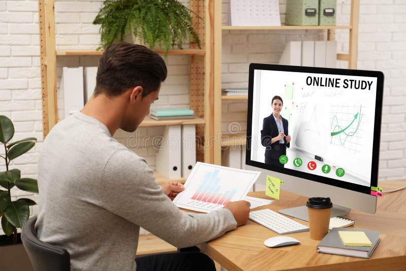 Man Using Computer for Online Studying at Home Stock Image - Image of ...