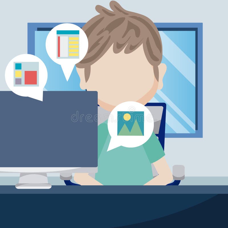 Young man using computer stock vector. Illustration of virtual - 113597747