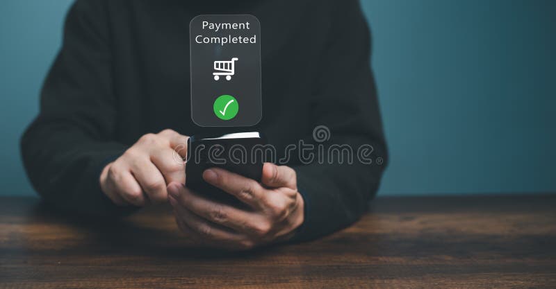 Young Man Using Electronic Payment on Mobile Phone, Customer Holding ...