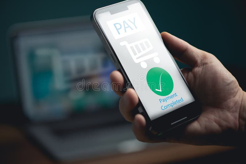 Young Man Using Electronic Payment on Mobile Phone, Customer Holding ...