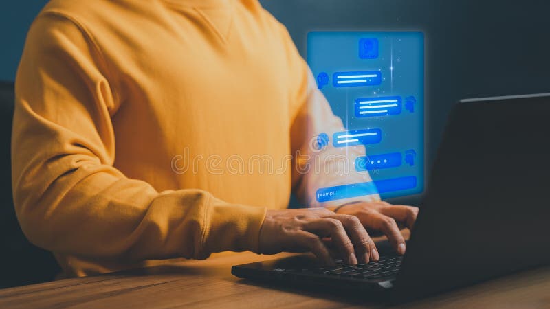 Young Man Using Laptop Computer Chatting with Chat Bot, Chat with Smart ...