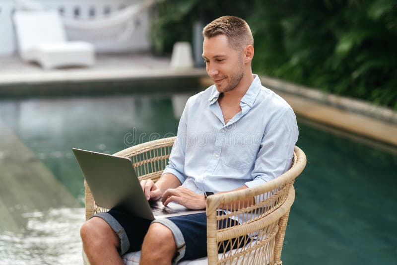 348 Man Using Laptop Computer Swimming Pool Stock Photos - Free ...