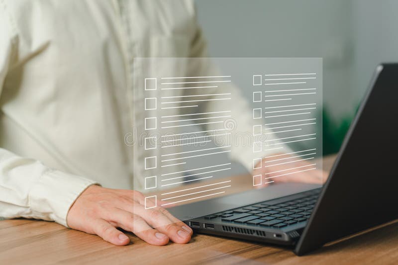 Young Man Using Laptop Computer with Virtual Screen Contact ...