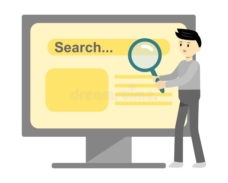 Young Man Using Magnifying Glass Searching Information on Computer ...