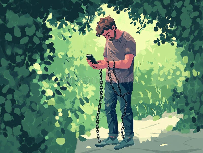 Young Man is Using a Mobile Phone with a Chain Tied To His Hand in a ...