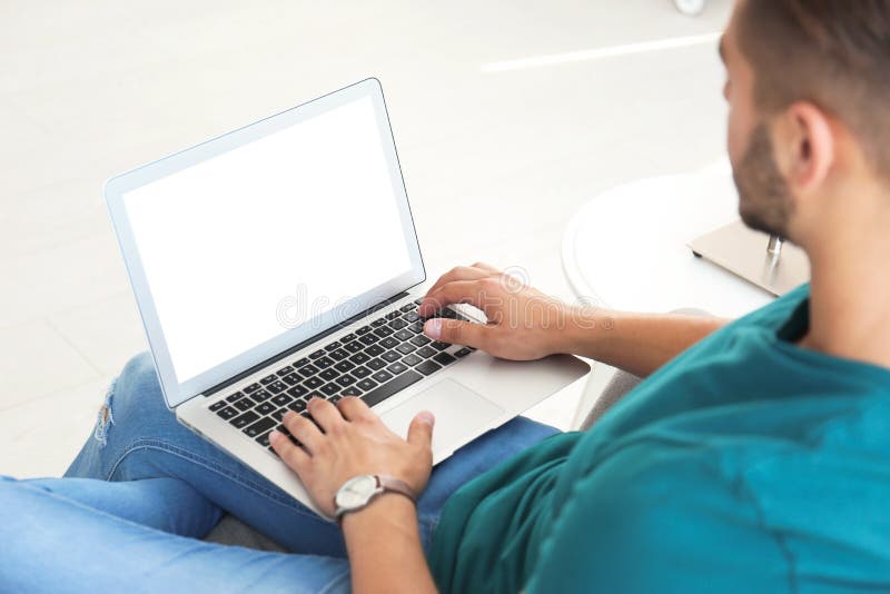 Young Man Using Modern Computer, Focus on Hands. Space for Design Stock ...