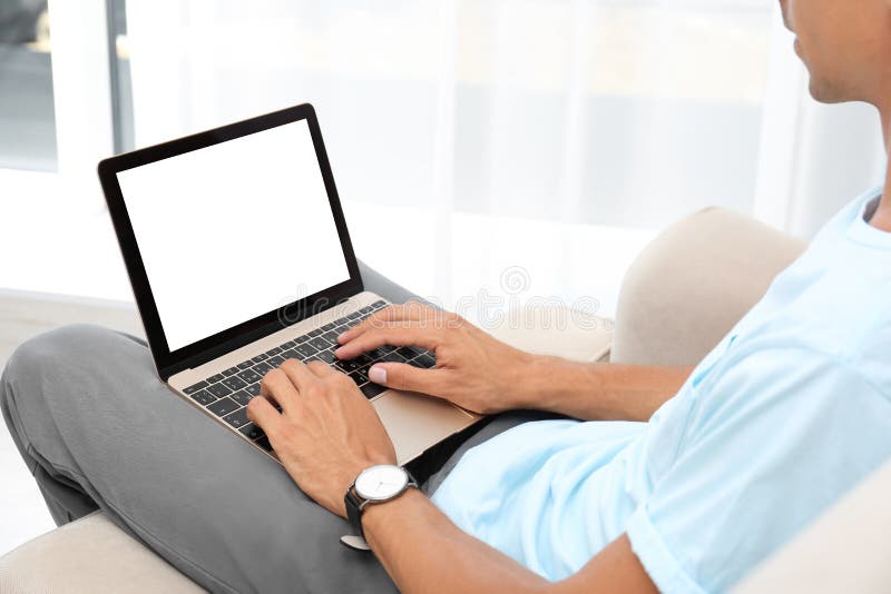 Young Man Using Modern Computer, Focus on Hands. Space for Design Stock ...