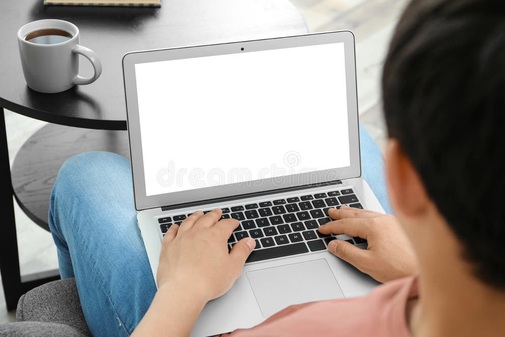 Young Man Using Modern Computer, Closeup. Space for Design Stock Photo ...