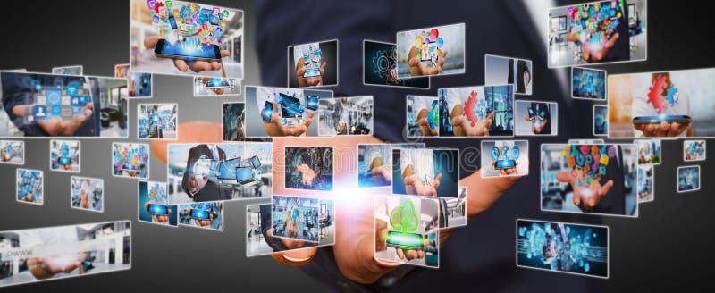 Young Man Using Modern Interface with Images Stock Illustration ...