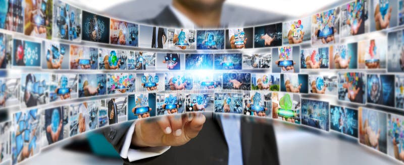 Young Man Using Modern Interface with Images Stock Illustration ...