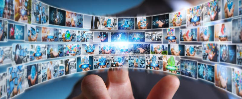 Young Man Using Modern Interface with Images Stock Illustration ...