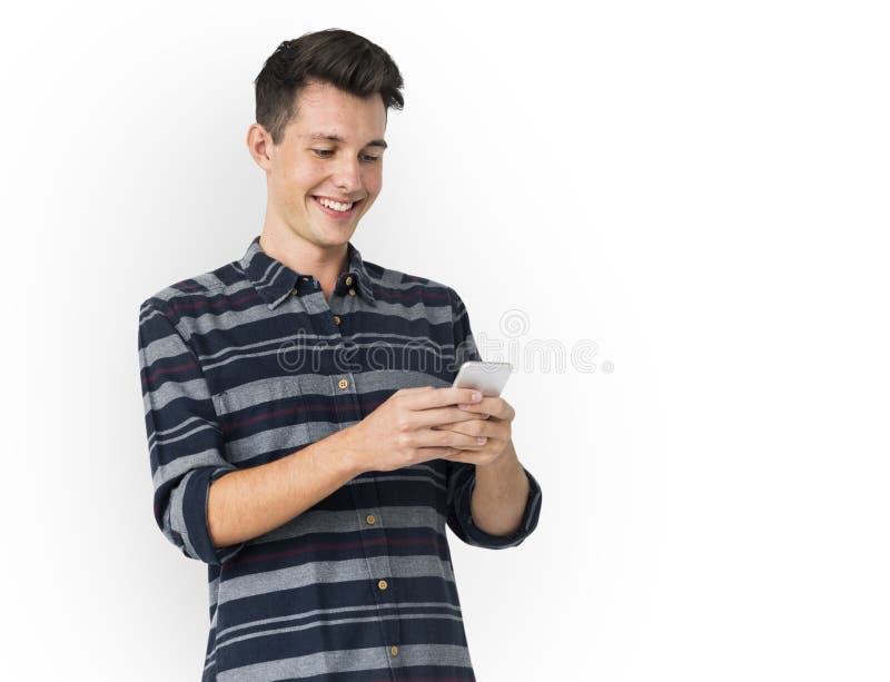 Young Man Using Phone Smile Happy Stock Image - Image of gadget, studio ...