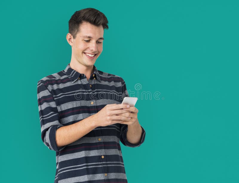 Young Man Using Phone Smile Happy Concept Stock Image - Image of gadget ...
