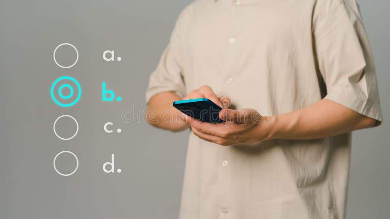 Young Man Using a Phone Tick Correct Sign Mark for Document Approval ...