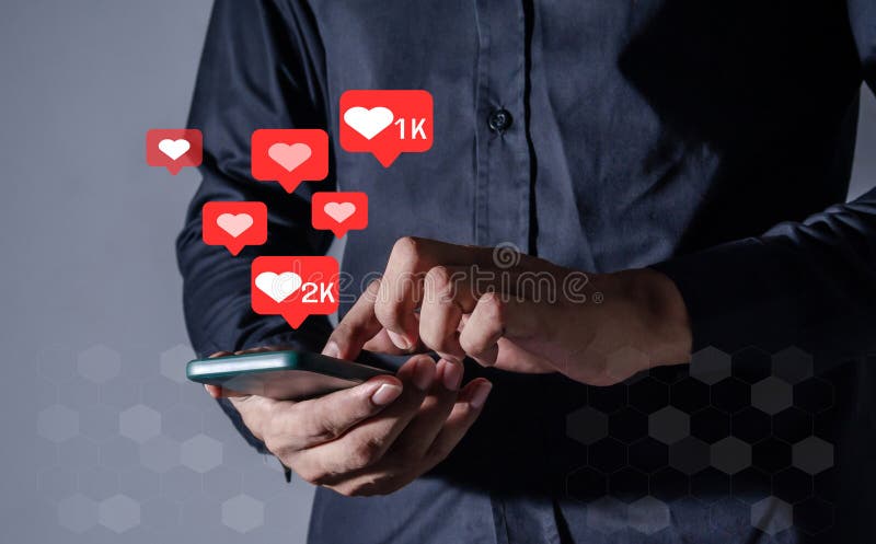 Young Man Using Smart Phone Mobile with Social Media Icon, Like Follow ...
