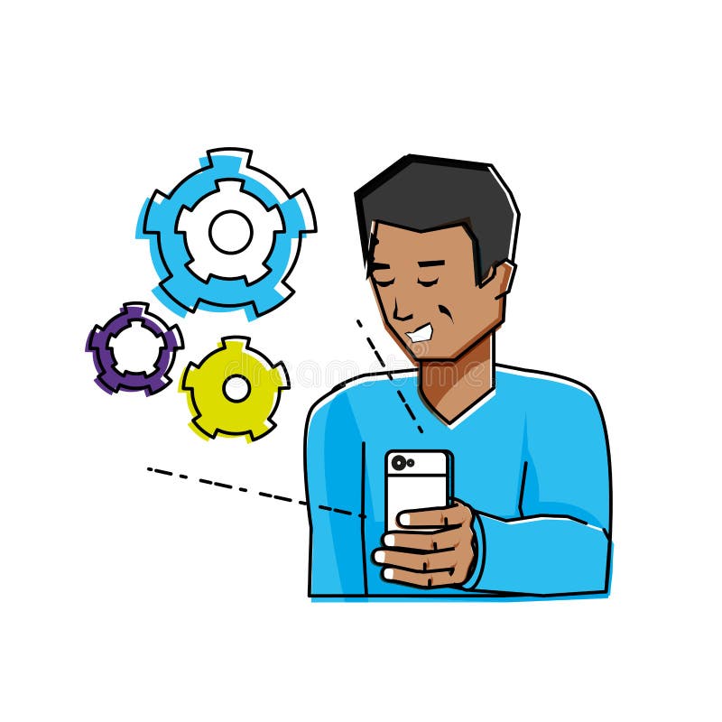 Young Man Using Smartphone with Gears Settings Stock Vector ...