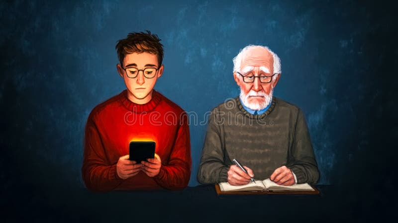 Young Man Using Smartphone and Senior Man Writing in Notebook ...