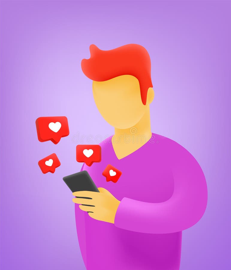 Young Man Using Social Media Stock Vector - Illustration of sign ...