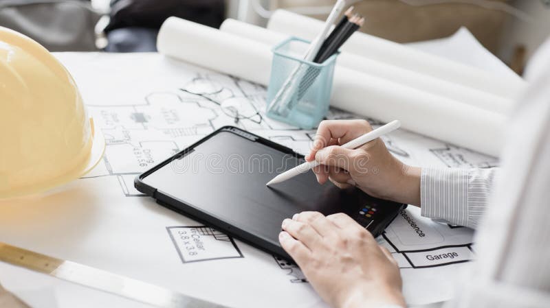Young Man Using Tablet Plotting a System of Building Structures in ...