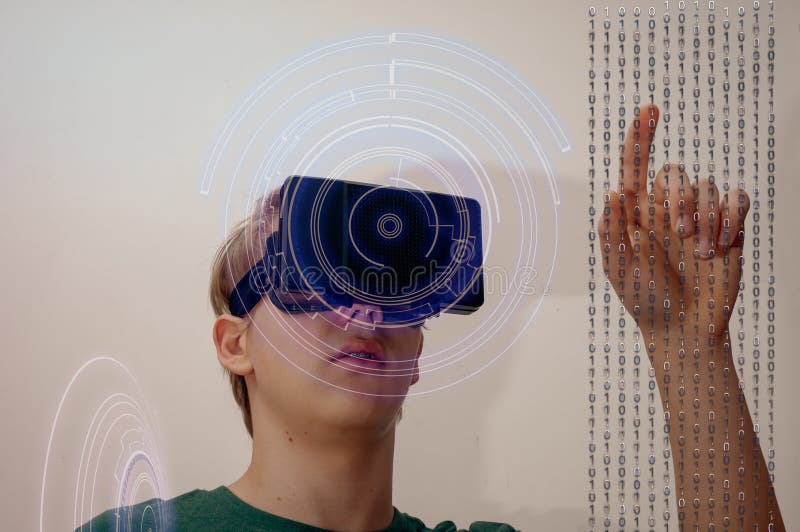 Young Man Using Virtual Reality Glasses or Headset Working on Virtual ...