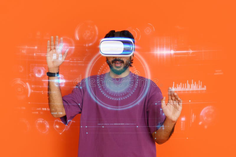 Young Man Using Virtual Reality Headset, Touching Hologram Stock Photo ...