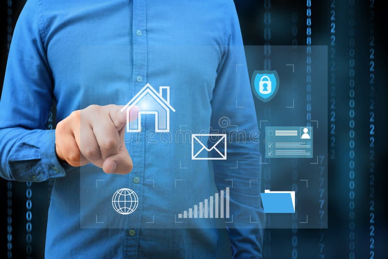 A Young Man is Using a Virtual Screen. Global Network and Data Exchange ...