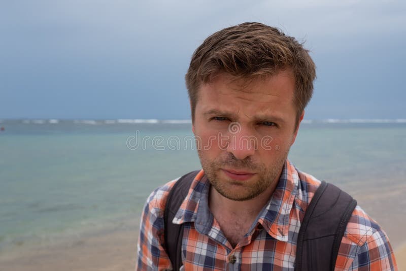 Young Man on Vacation Looking Tired and Bored with Depression Problems ...