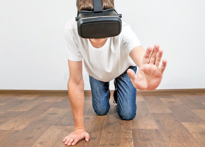 Man in VR Mask stock photo. Image of glasses, crawl - 264986016