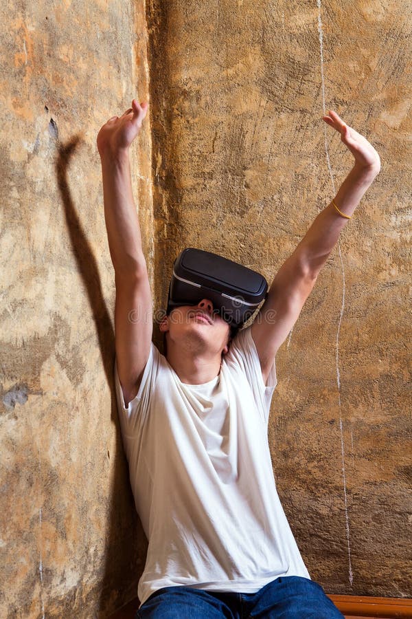 Young Man in VR Mask stock image. Image of hands, gadget - 113288871