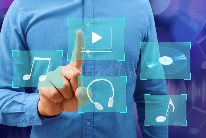 A Young Man on a Virtual Screen Chooses Leisure. Digital Technology ...