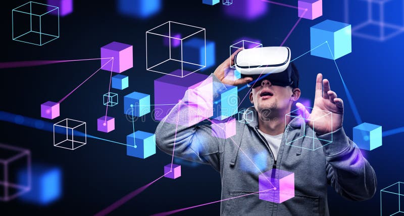 Young Man in Vr Glasses Touching Blocks in Cyberspace, Metaverse Stock ...
