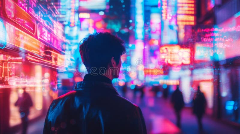 Young Man Walking Back in Vibrant Neon City at Night Stock Illustration ...