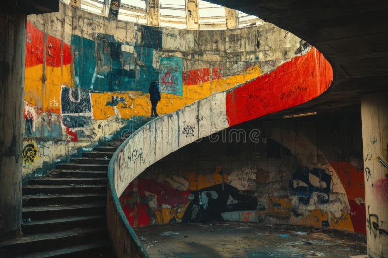 Young Man Walking Down Crumbling Stairs in Abandoned Building with ...