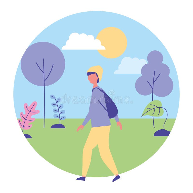 Young Man Walking in the Outdoors Landscape Stock Vector - Illustration ...