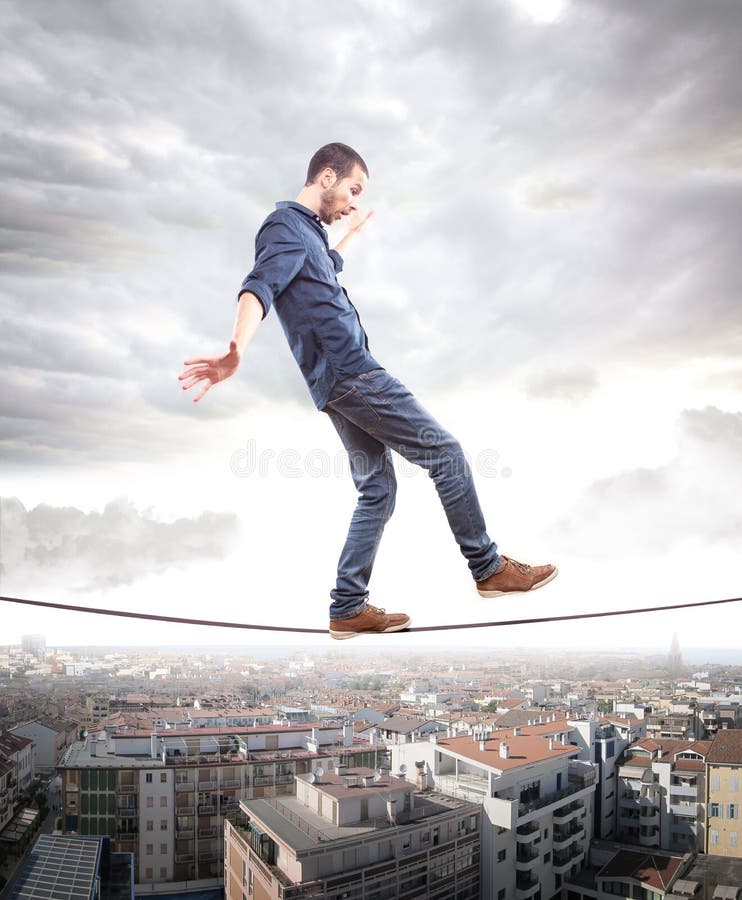 Balance Businessman Concept Crisis Man Over Rope Sky Walking Stock ...
