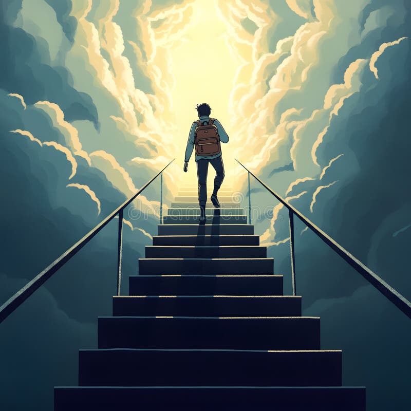 Young Man Walking Up Endless Staircase Towards Bright Light Surrounded ...