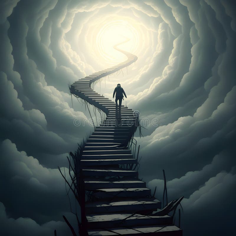 Young Man Walking Up Endless Staircase Towards Bright Light Surrounded ...