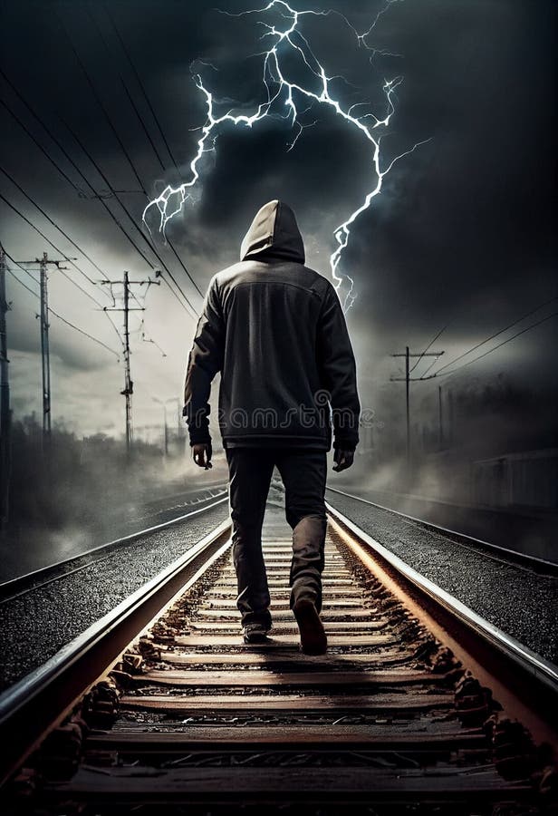 Young Man Walks Along the Railroad Tracks in the Night Alone. Stock ...