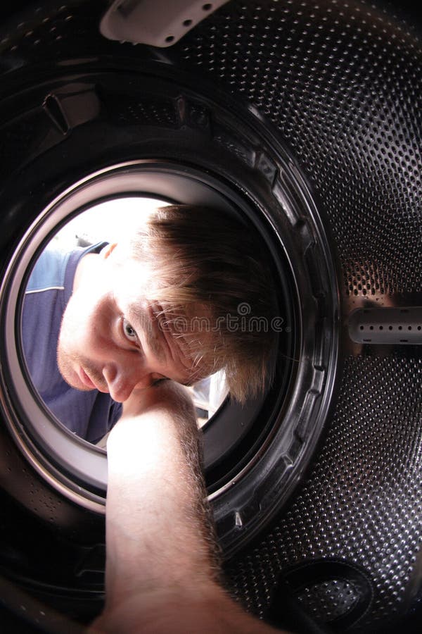 Happy Man Inside Washing Machine Stock Photo - Image of electronics ...